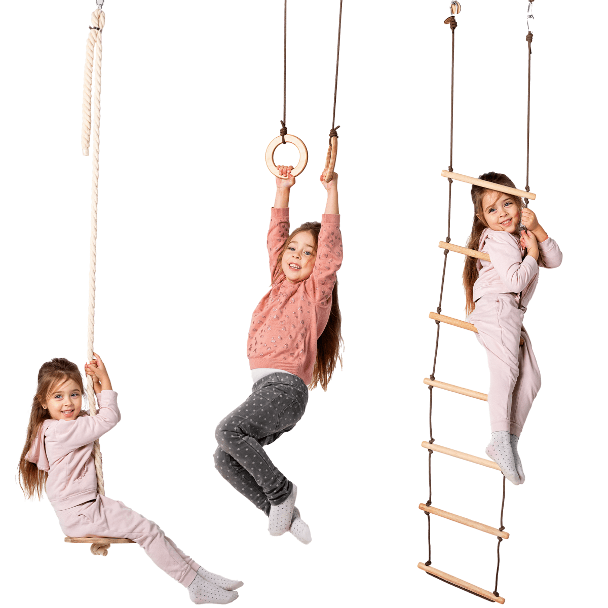 3in1 Swings Set: Rope Ladder + Gymnastic Rings + Disc Rope Swing – Wood ...